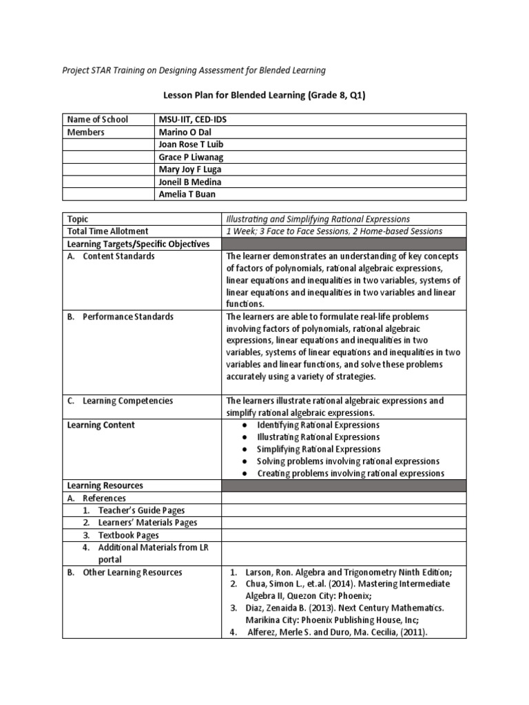 Proj-STAR-Assessment-Lesson-Plan-v.2 (ROX-Math) | PDF | Equations | Learning