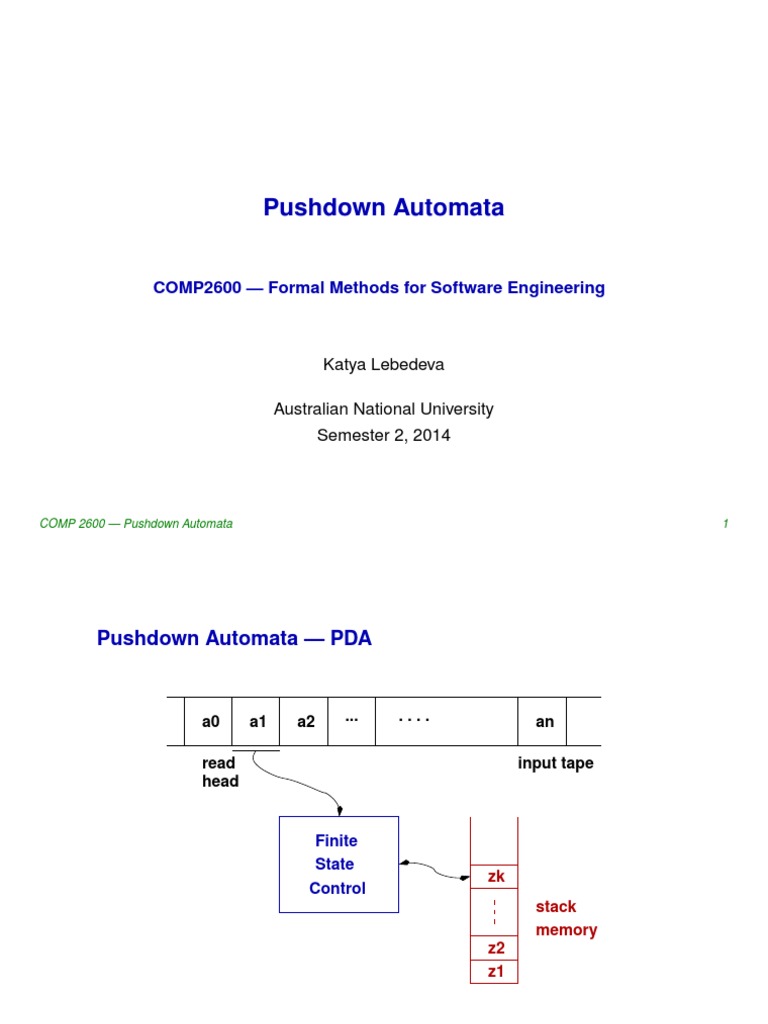 Pushdown Automata Comp2600 Formal Methods For Software Engineering Pdf Models Of 8128