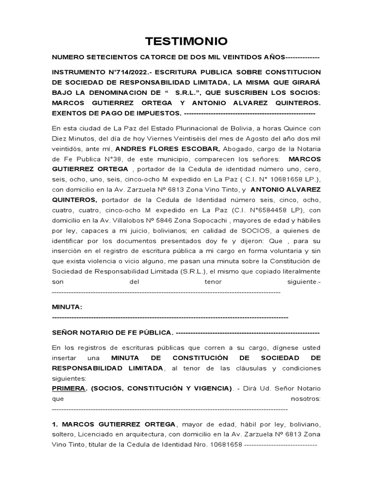Testimonio SRL | PDF | Liquidación | Bolivia