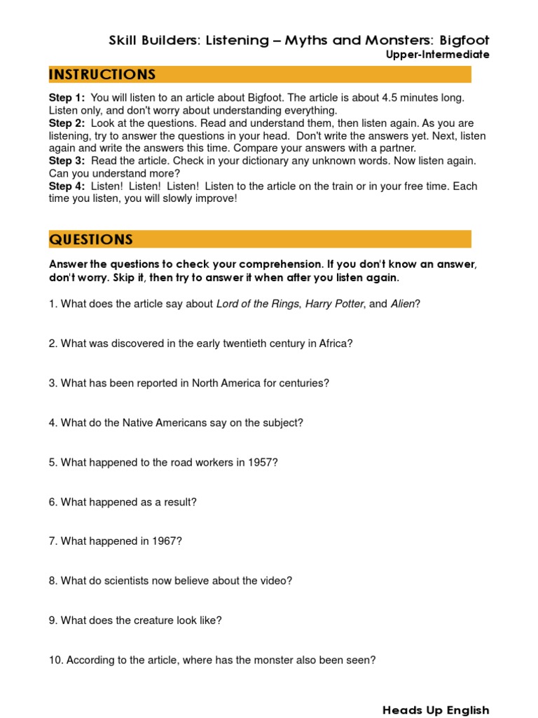 Instructions: Skill Builders: Listening - Myths and Monsters: Bigfoot ...