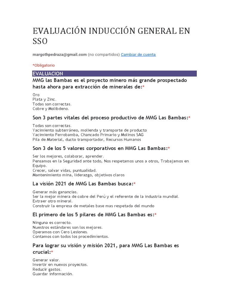 EVALUACIÓN INDUCCIÓN MMG LAS BAMBAS | PDF | Minería | Residuos