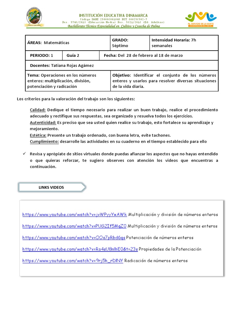 Math 7° P1 G2 - Multiplicacion, Divisiòn, Potenciaciòn y Radicacion de ...