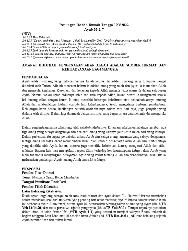 Renungan Ibadah Rumah Tangga 19082022 Ayub 35 Ayat 1-7 | PDF