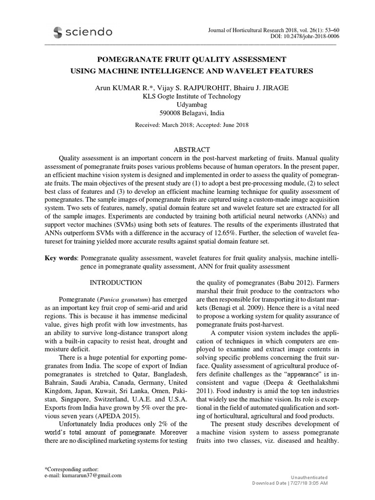 Pomegranate Fruit Quality Assessment Using Machine | PDF | Wavelet | Artificial Neural Network