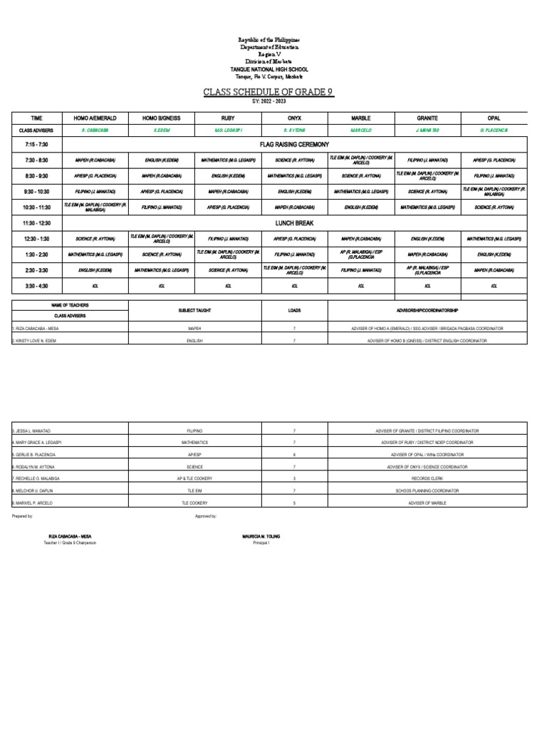Class Schedule of Grade 9: R. Cabacaba K.Edem M.G. Legaspi R. Aytona M ...