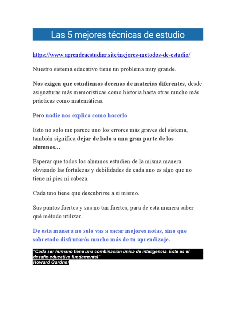 Las 5 Mejores Técnicas de Estudio | PDF | Prueba (evaluación) | Aprendizaje