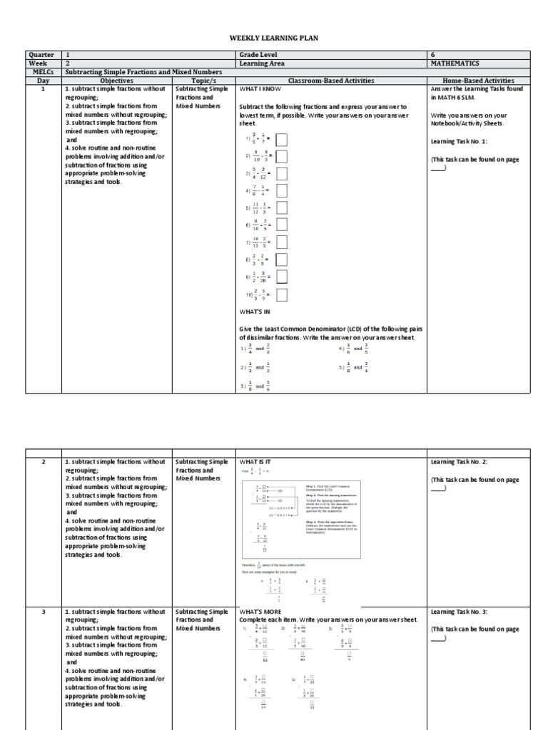 WLP - Mathematics 6 - Q1 - W2 | PDF | Subtraction | Cognition