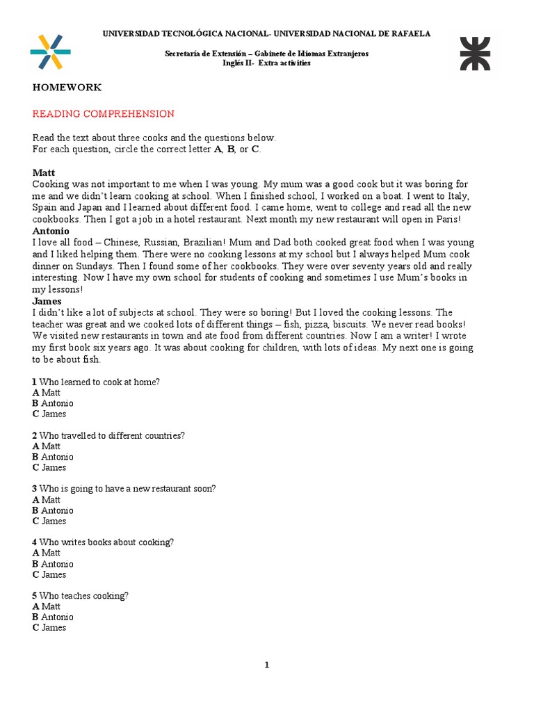 English II Homework: Reading & Listening Activities | PDF