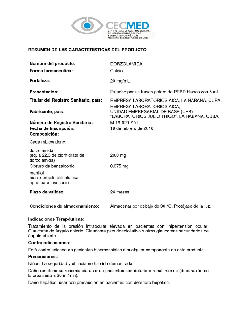 Dorzolamida: Indicaciones y Posología | PDF | Medicamentos con receta ...
