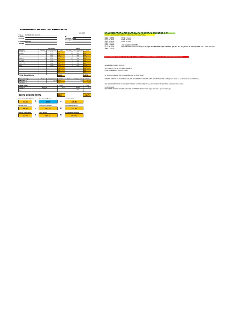 Plantilla Excel Hoja de Costo | PDF | Las condiciones de trabajo | Sueldos y salarios