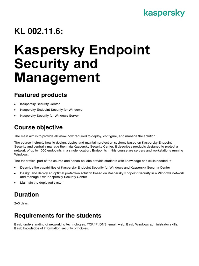 Kaspersky Endpoint Security Course Overview | PDF | Computer Network | Microsoft Windows