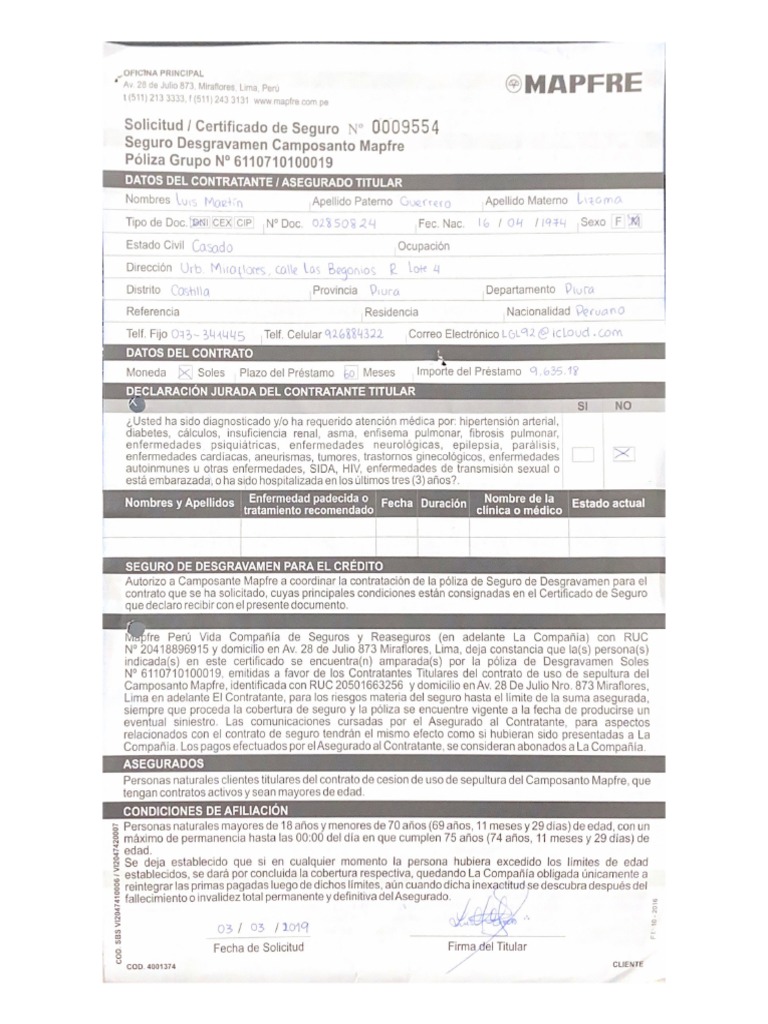 Certificado de Seguro N 0009554 MAPFRE | PDF