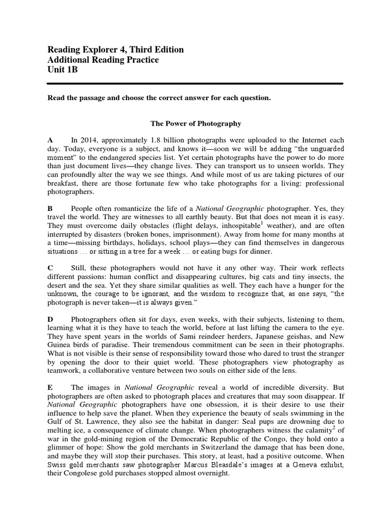 Reading Explorer 4, Third Edition Additional Reading Practice Unit 1B ...