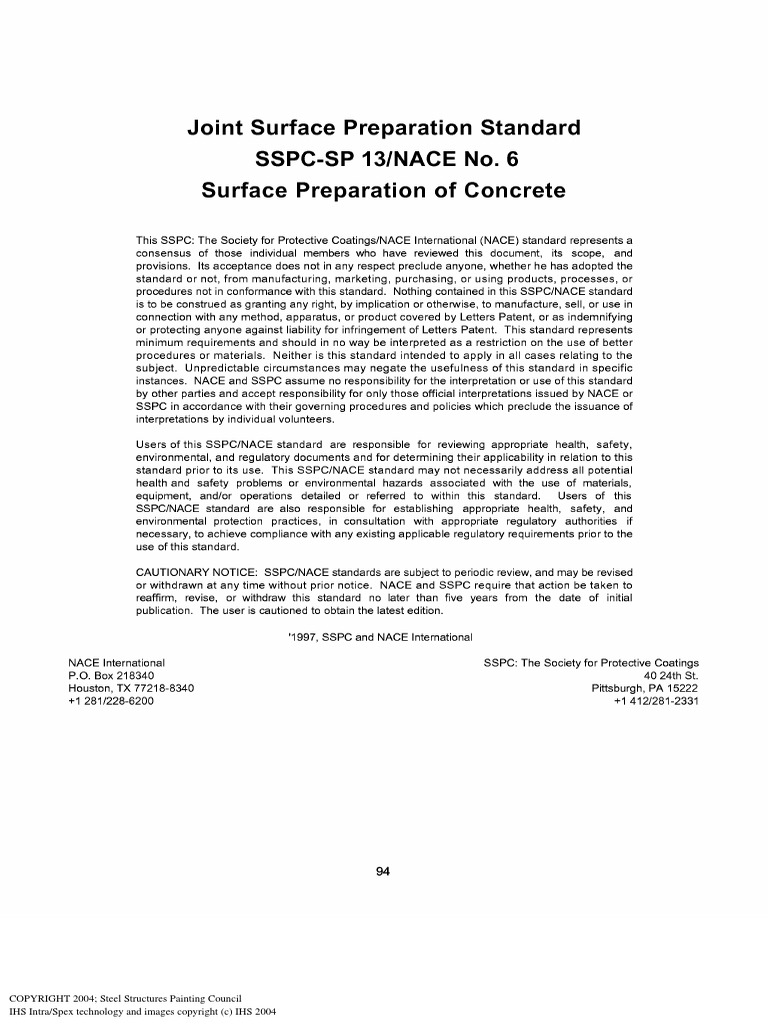NACE NO 6 - SSPC-SP 13 SURFACE PREPARATION OF CONCRETE | PDF