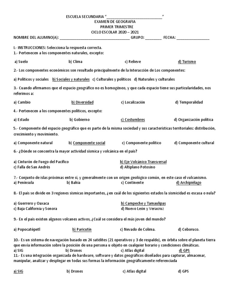 Examen de Geografia 1er Trimestre 2020-2021 | PDF | Sistema de ...