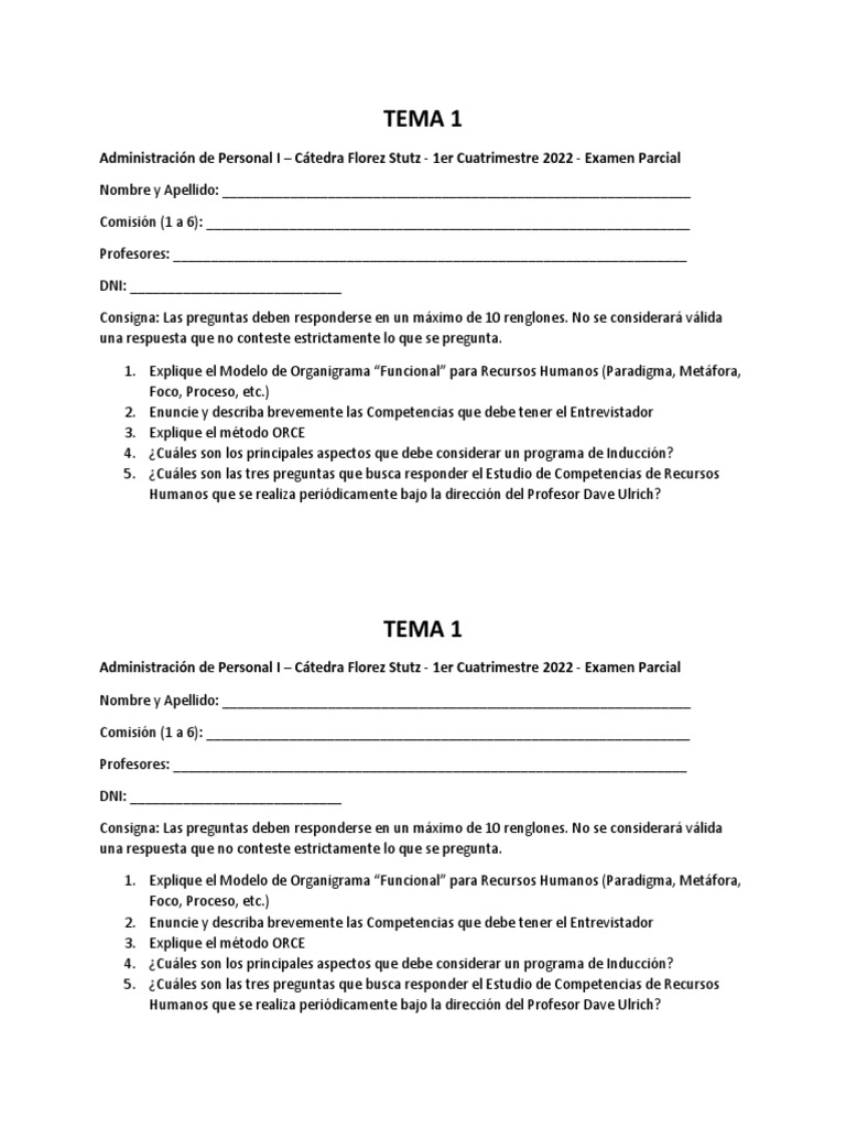 Administración de Personal I Examen Parcial 1C22 | PDF | Gestión de recursos humanos | Prueba ...