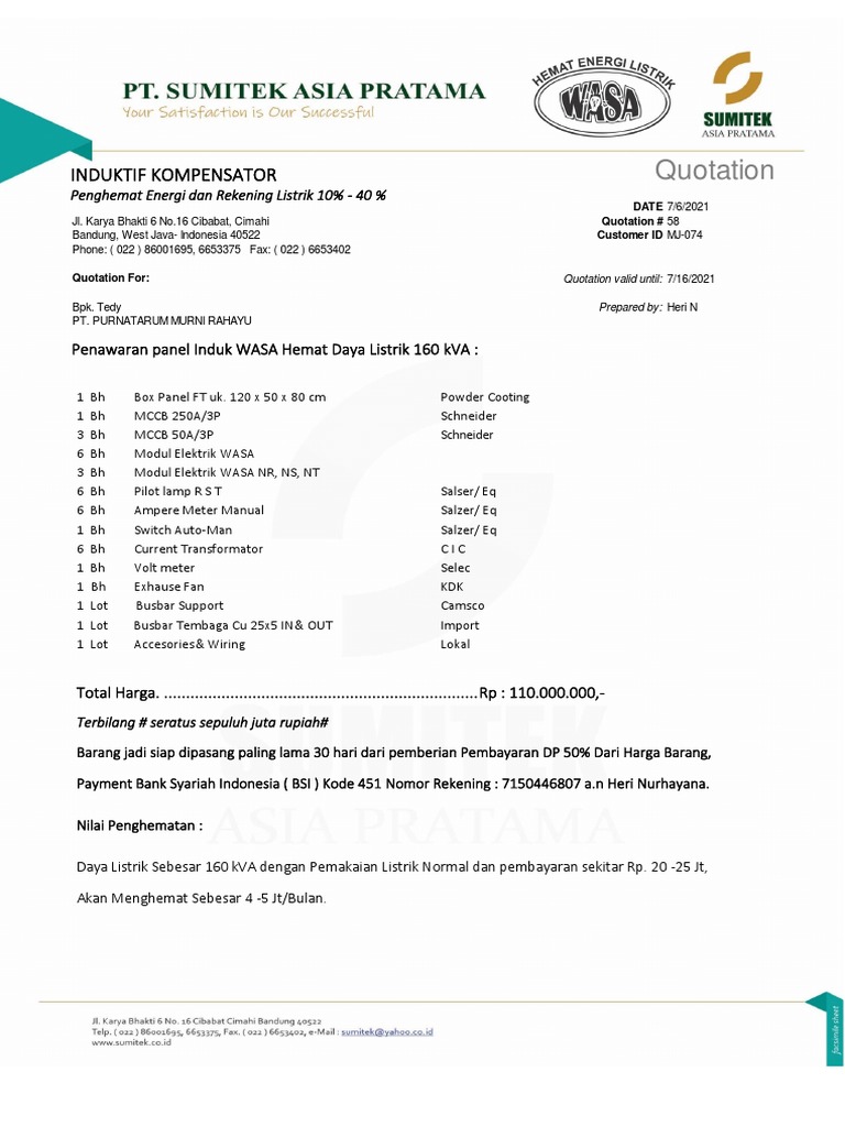 Quotation SAP - Penghemat Listrik 160 kVA | PDF