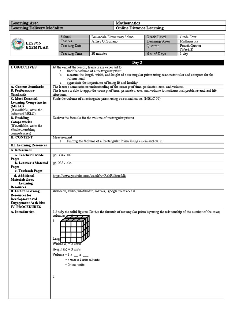 MATH G4 IDEALEQ4 W3 MELC56-58 Lesson Exemplar | PDF | Volume | Length