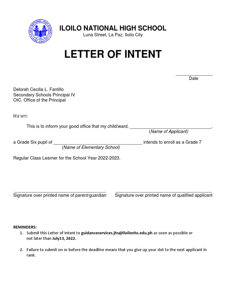 Letter of Intent for Grade 7 Enrollment | PDF