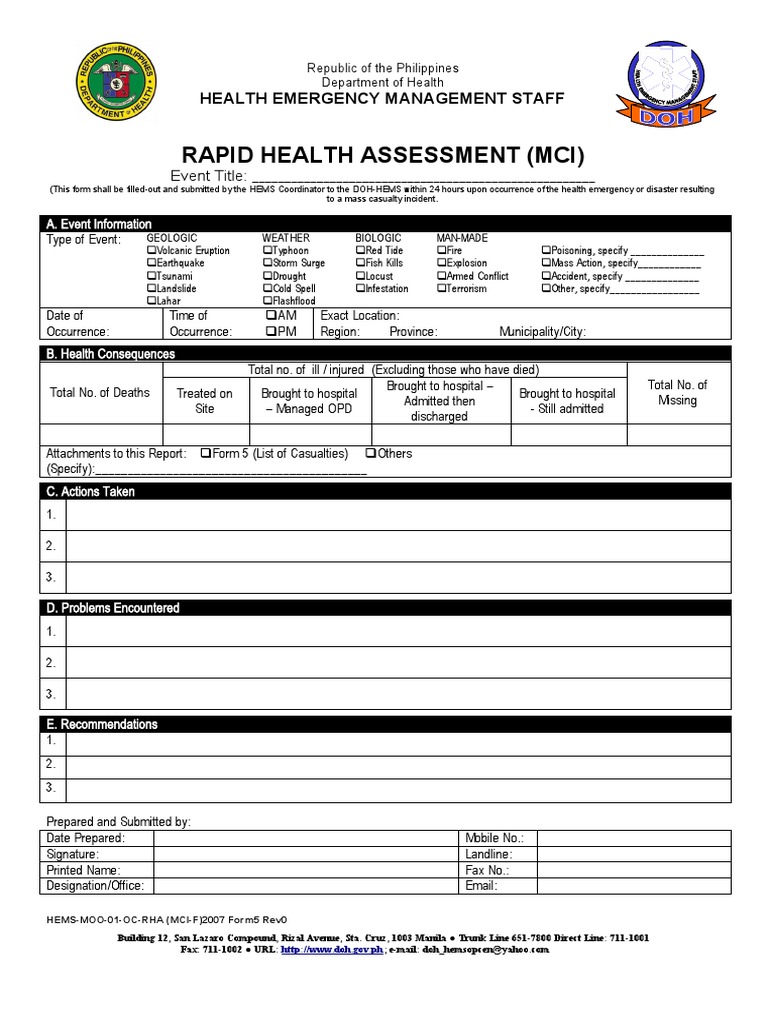 Rapid Health Assessment Form for MCI | PDF | Disasters | Emergency ...