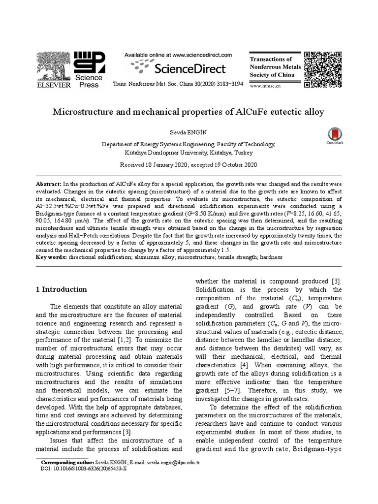 Microstructure and Mechanical Properties of AlCuFe Eutectic Alloy | PDF | Casting (Metalworking ...