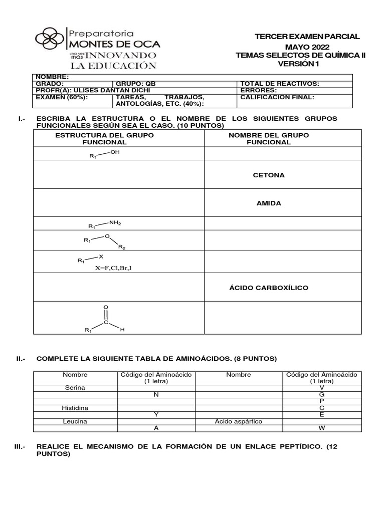Tercer examen parcial de Química II sobre estructuras químicas, propiedades de aminoácidos ...