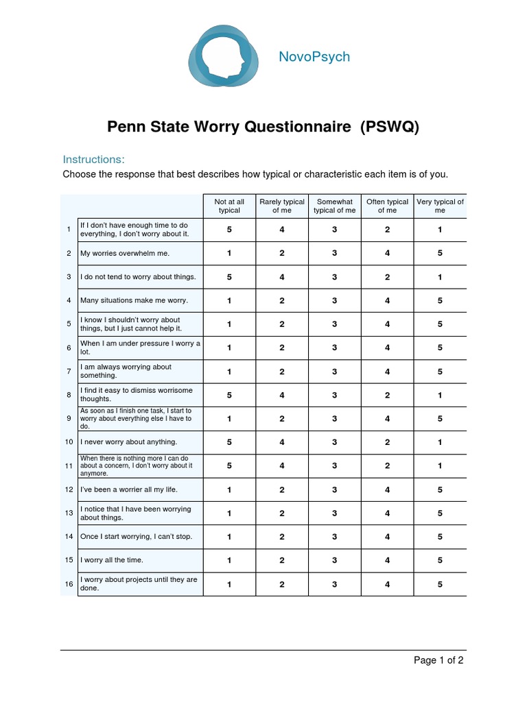 Penn State Worry Questionnaire (PSWQ) | PDF | Cognitive Science ...