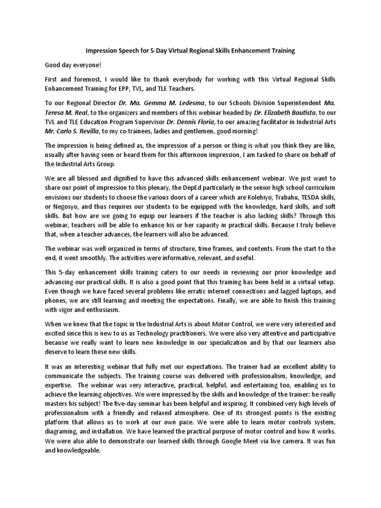 Impression Speech For 5 | PDF | Learning | Cognition