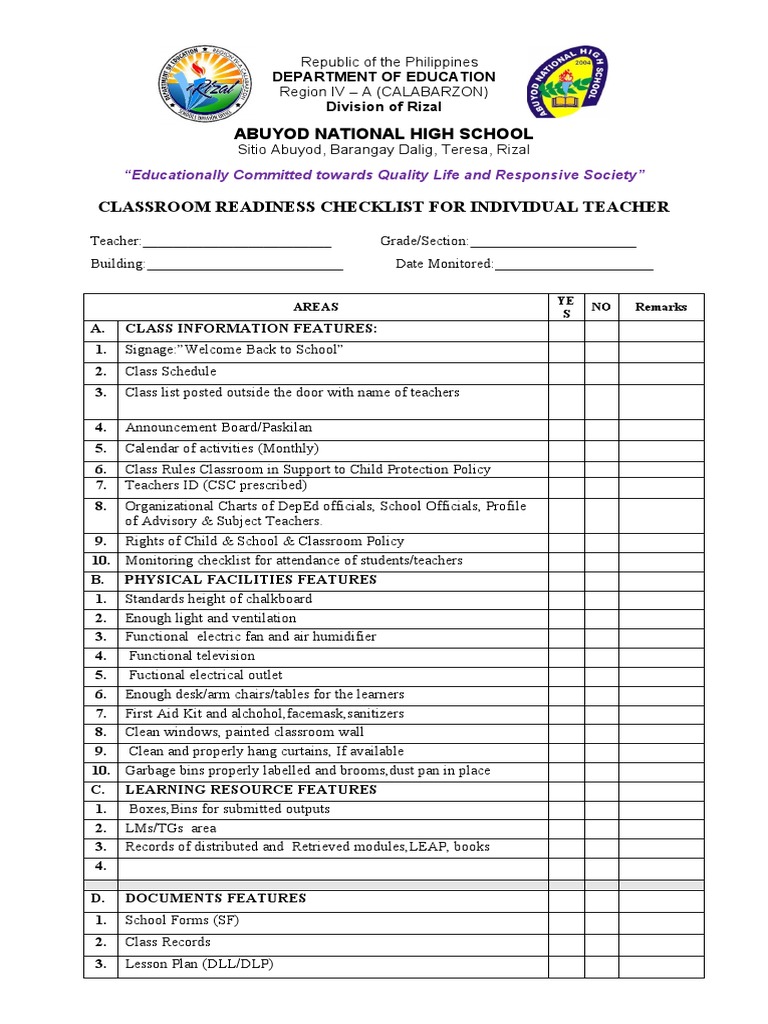 CLASSROOM-READINESS-CHECKLIST-FOR-INDIVIDUAL-TEACHERS | PDF | Classroom ...