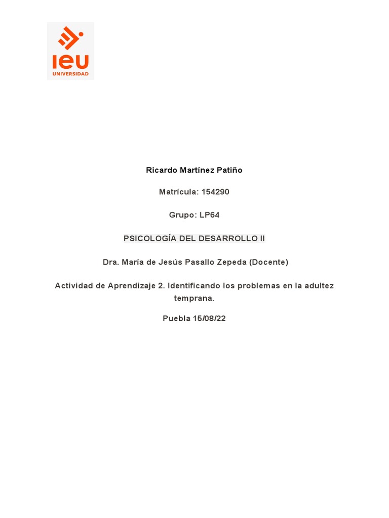 Actividad de Aprendizaje 2. Identificando Los Problemas en La Adultez Temprana | PDF | Adultos ...