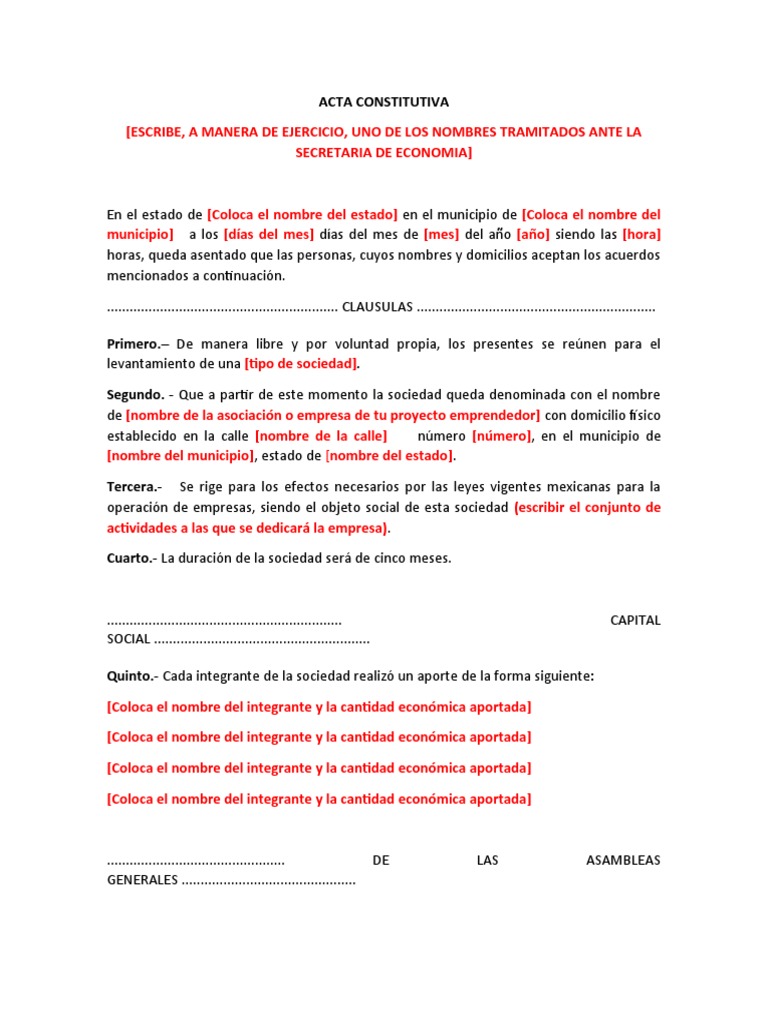 Formato - Acta Constitutiva de Sociedad Mercantil Formato | PDF | Estado (política) | Gobierno