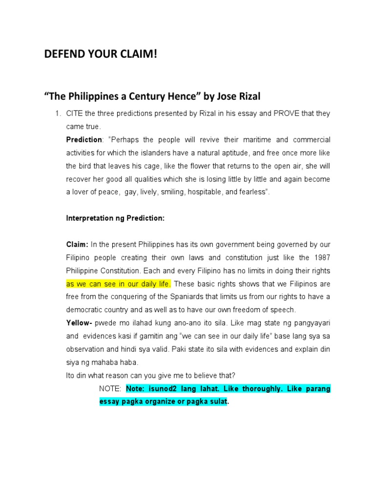 Defend Your Claim!: "The Philippines A Century Hence" by Jose Rizal | PDF