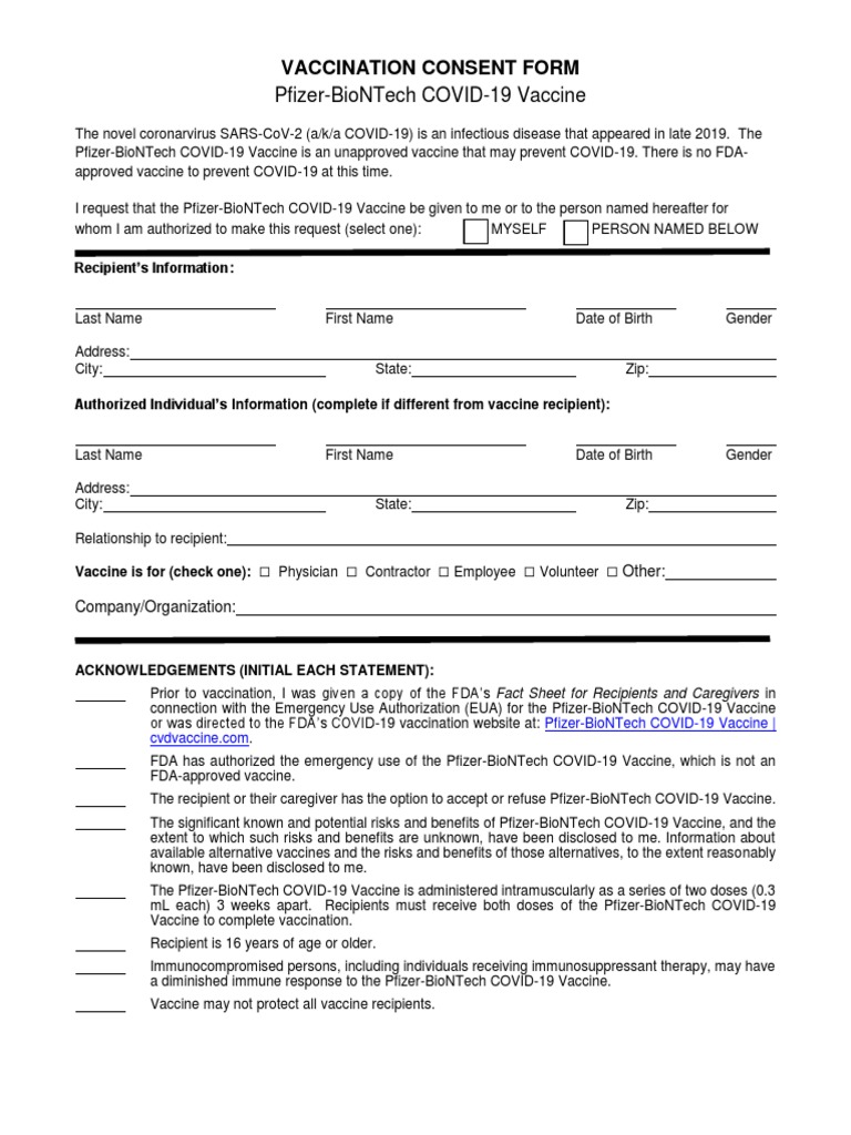 Pfizer-BioNTech COVID-19 Vaccine Consent Form | PDF | Epidemiology | Drugs