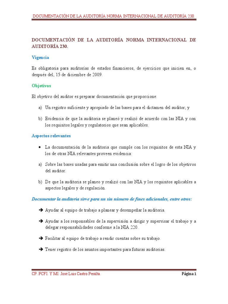 Documentación de La Auditoria Nia 230 | PDF | Auditoría | Contralor