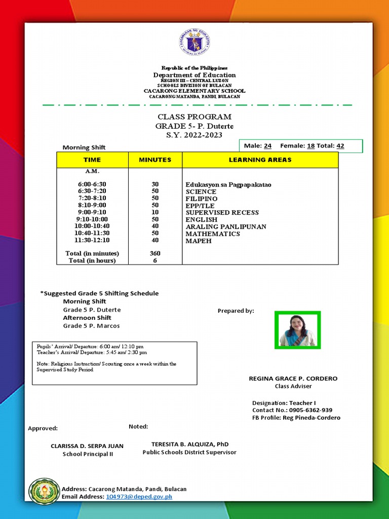 Class Program GRADE 5-P. Duterte S.Y. 2022-2023: Department of Education | PDF | Philippines ...