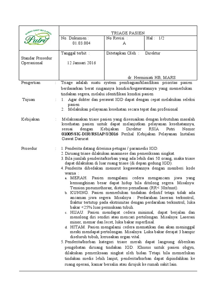 SOP Triase Pasien IGD Rumah Sakit | PDF