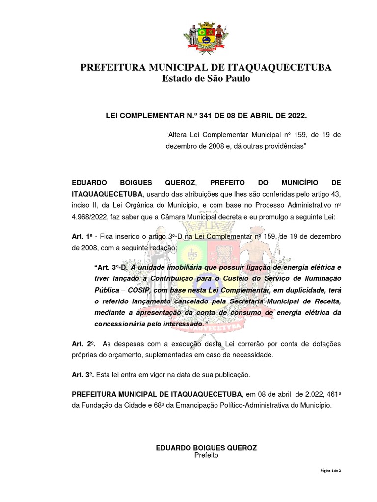 Lei Complementar 341 AUT12 Altera Lei Comp 159 2018 COSIP 08-04-2022 | PDF