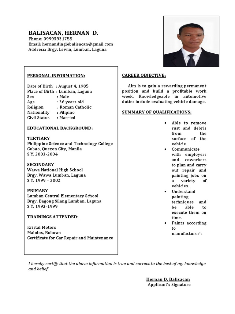 Balisacan, Hernan D.: Career Objective: Personal Information | PDF