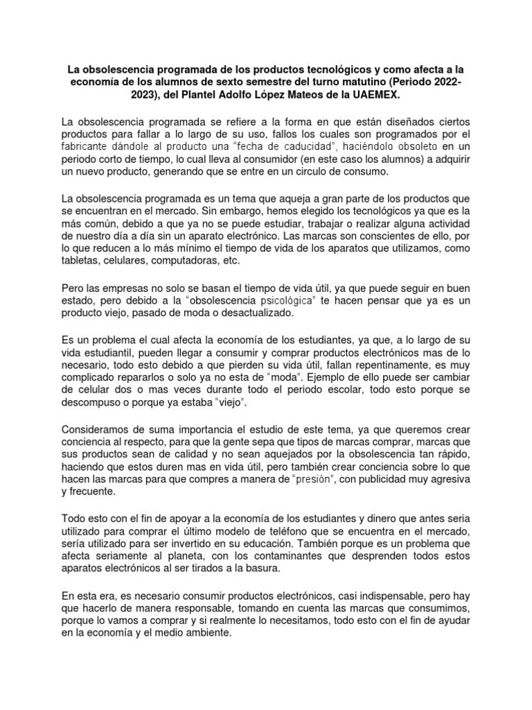 La Obsolescencia Programada | PDF | Producción y fabricación | Economias
