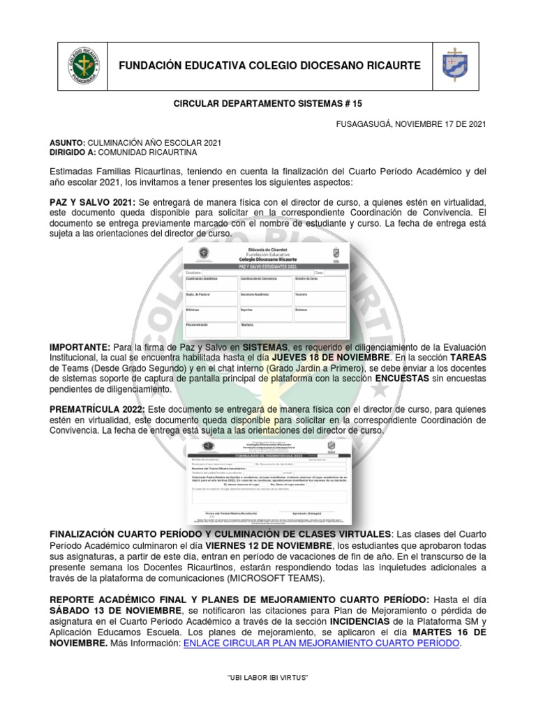 Circular 15 - Culminación Año Escolar 2021 | PDF