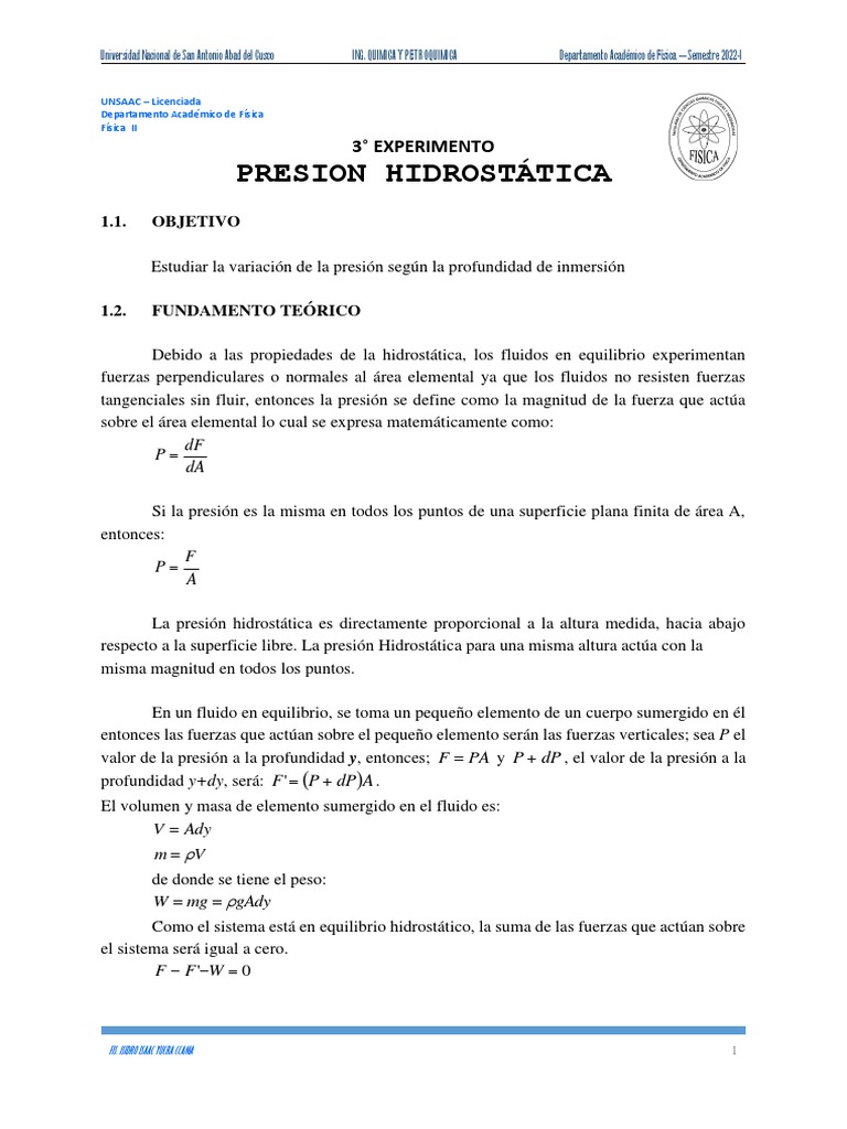 3°experimento Presion Hidrostatica | PDF | Presión | Cantidades fisicas