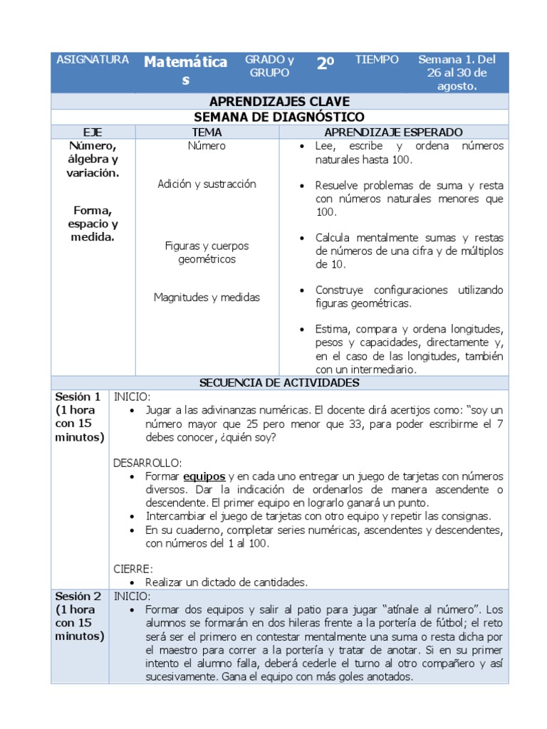 Planeación Matemáticas Segundo Grado Pdf Sustracción Multiplicación