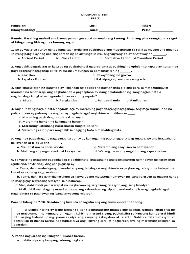 Esp7 Diagnostic Test | PDF