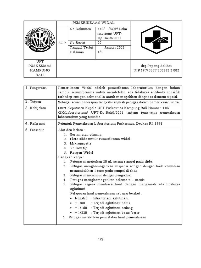 SOP Pemeriksaan Widal | PDF