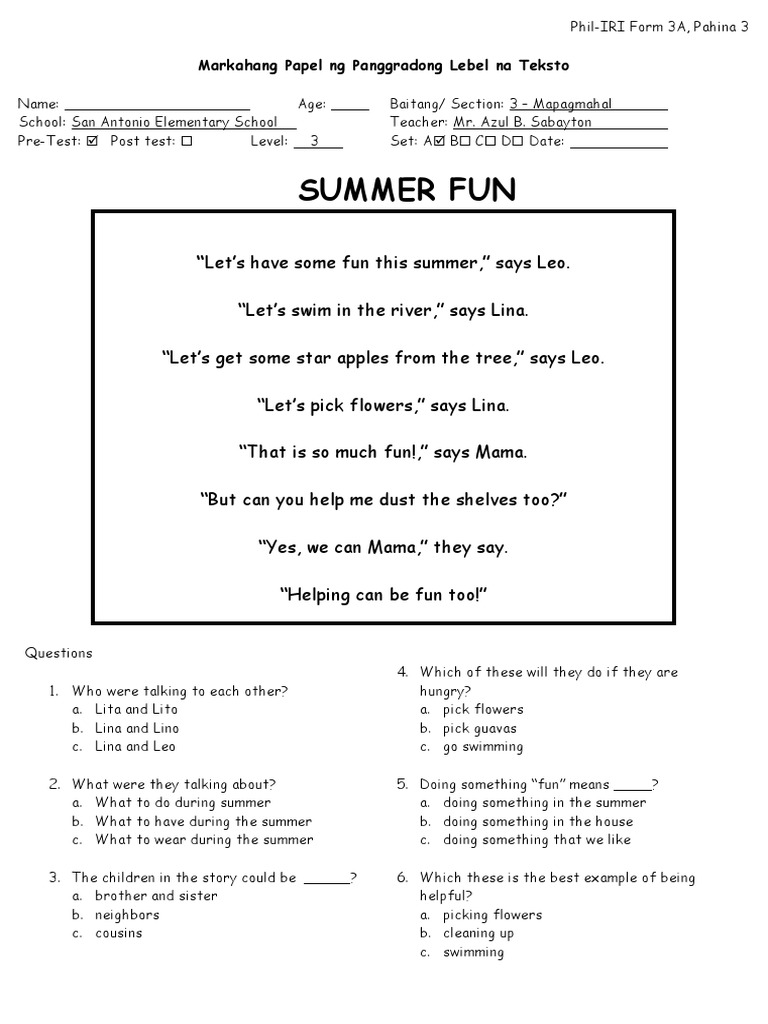 Phil-IRI New Passages LVL3 English | PDF