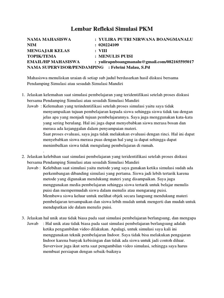 Lembar Refleksi Simulasi PKM | PDF