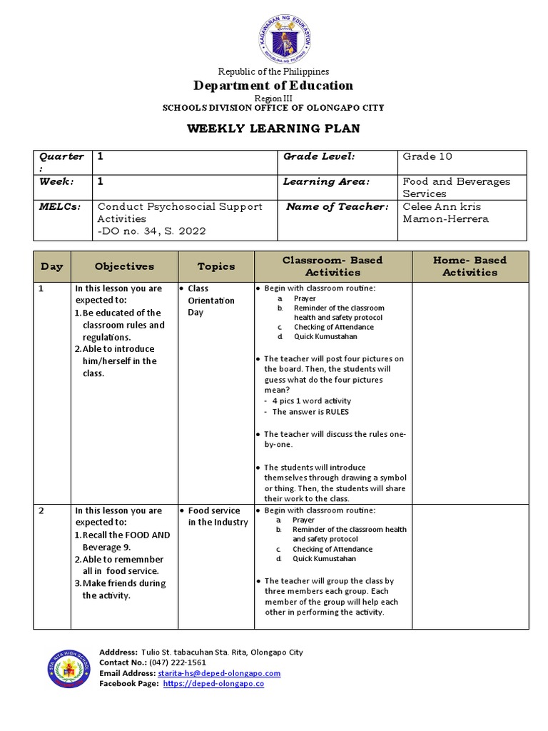 Department of Education: Weekly Learning Plan | PDF | Communication | Learning