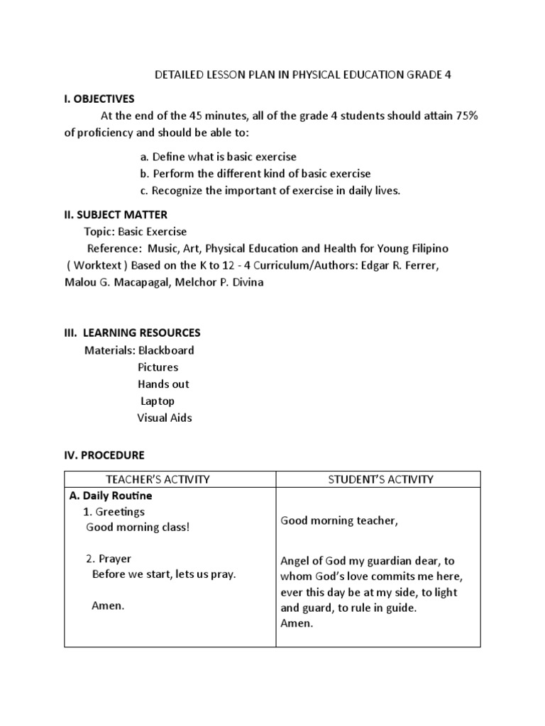 Detailed Lesson Plan in Physical Education Grade 4 | PDF | Physical ...