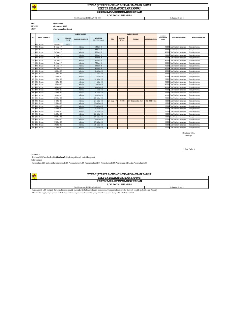 Contoh Log Book Limbah B3 Padat | PDF