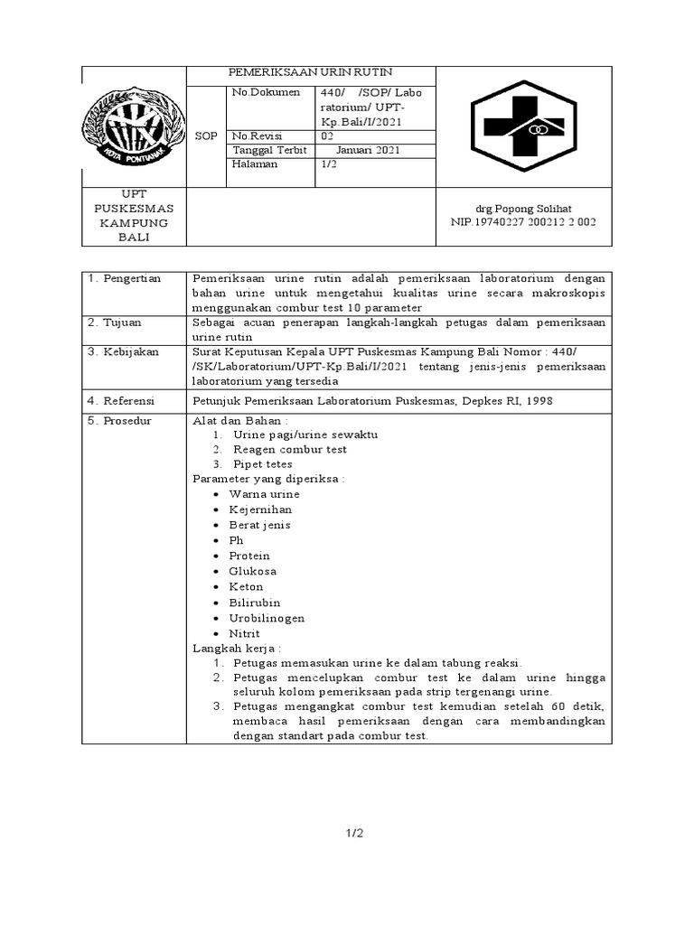 SOP Pemeriksaan Urine Rutin | PDF